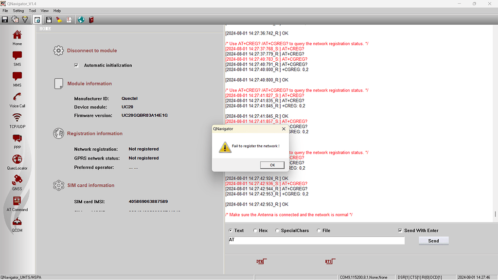 Getting "Failed to register the network" error using UC20 Module - WCDMA Module - Quectel Forums