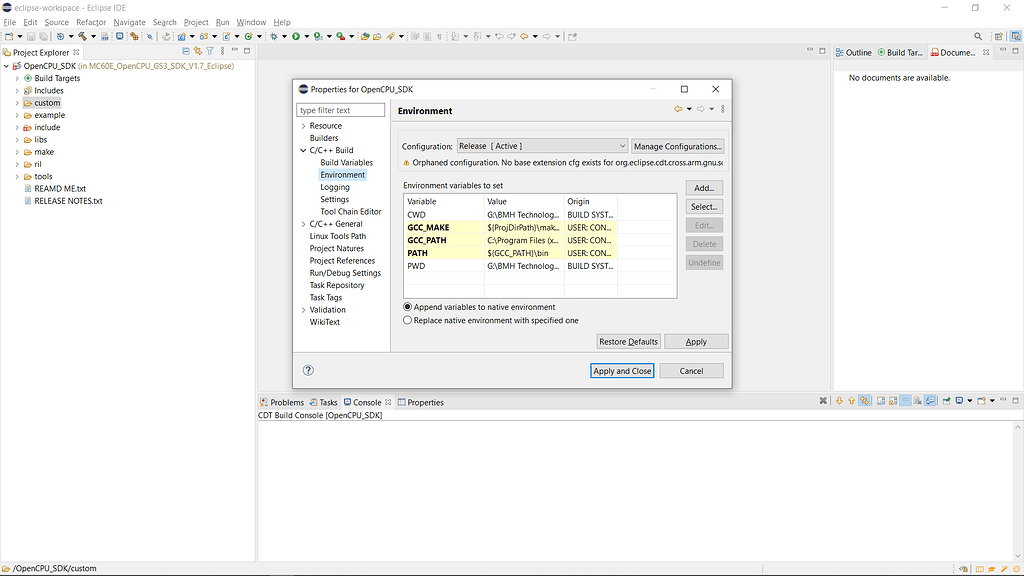 Orphaned configuration. No base extension cfg exists for org.eclipse.cdt.cross.arm.gnu.sourcery ...